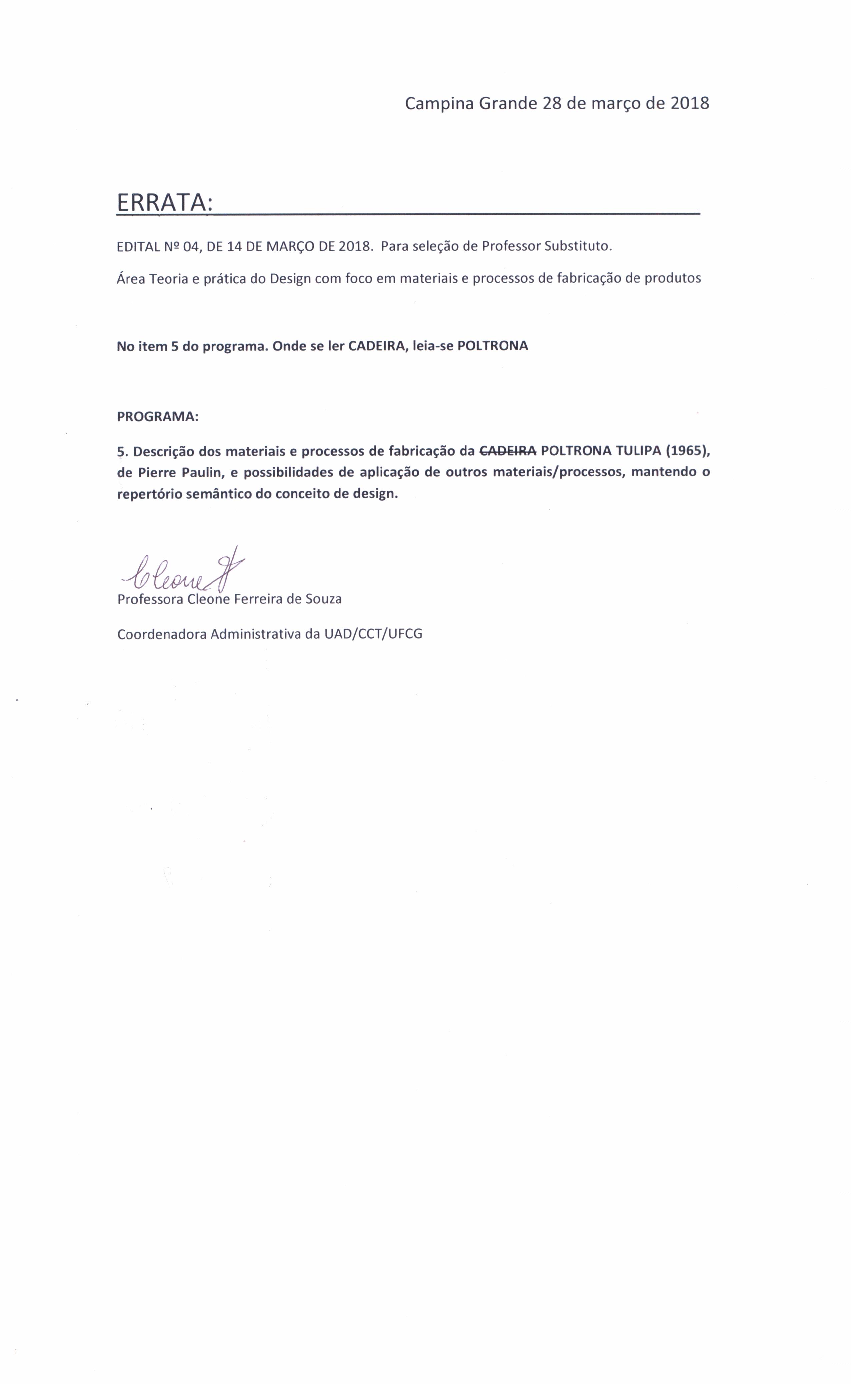 ERRATA…EDITAL Nº 04, DE 14 DE MARÇO DE 2018. (Professor Substituto ...